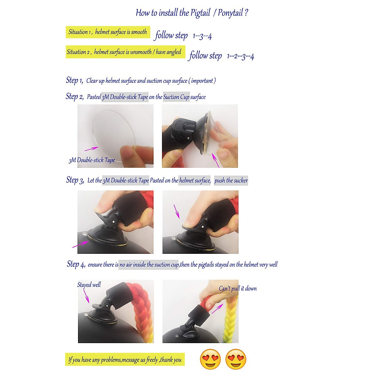 3T-SISTER Helmet Pigtails Gradient Ramp Helmet Curly Ponytail Helmet Hair with Suction Cup for Motor Bike 2PCS Ombre Black to Deep Blue (Helmet not Included)