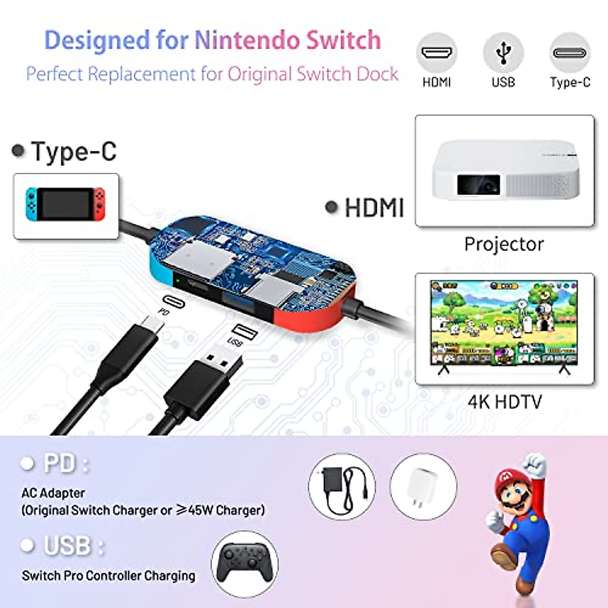 Mini Switch Dock for Nintendo,Portable TV Docking Station Replacement for Nintendo Switch Dock with HD and USB Port,Suitable for Travel Party-Neon Blue/Red