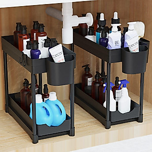 2 Pack Under Sink Organizers and Storage with Sliding Drawer, 2 Tier Under Sink Storage Rack for Bathroom Kitchen, Under Cabinet Counter Storage Shelf Organizer with Hooks & Hanging Cups (Black)