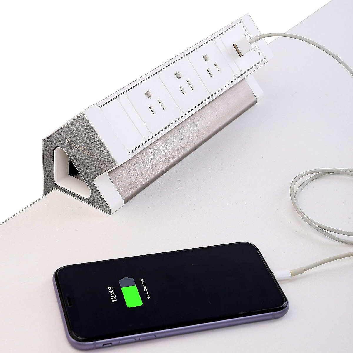 FlexiSpot 3-Outlet Power Strip Desk Clamp, Desk Mount Charging Power Station with 2 USB Charging Ports, Removable Desktop Edge-Mount Power Center with Surge Protection Plugs Output(White)
