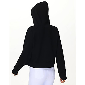 THE GYM PEOPLE Women’s Hoodies Half Zip Long Sleeve Fleece Crop Pullover Sweatshirts with Pockets Thumb Hole Black