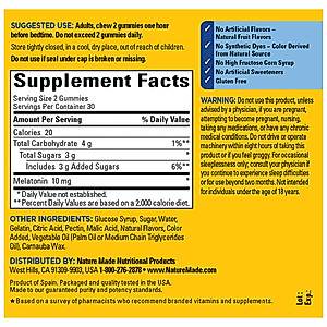 Nature Made Melatonin 10mg per serving Gummies, Maximum Strength Dosage, 100% Drug Free Sleep Aid for Adults, 60 Melatonin Gummies, 30 Day Supply