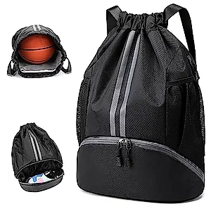 ZIXKUB Drawstring Backpack Gymbag Water Resistant Sports Sackpack with Zipper/Shoe Compartment/Wet Pocket/Mesh Pockets Gym Sack for Women Men Lightweight String Bag for Travel Soccer Swim, Black