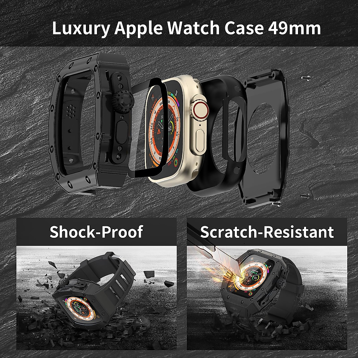 Luxury Case for Apple Watch FKM Band 49mm, Rugged Bumper Metal Cover + Built-in Glass + Fluoroelastomer Strap for Men's Heavy Duty iWatch Series Ultra 2 49mm Protective Case (49mm, Black)