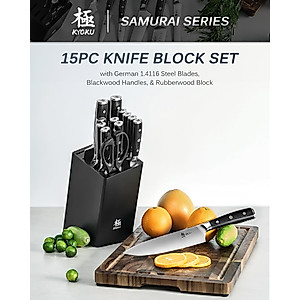 KYOKU Kitchen Knife Set with Block, German High Carbon Steel 15pc Knife Block Set, Samurai Series Knife Block with Knives for Kitchen, Professional Chef Knife Set with Sharpening Steel & Shears