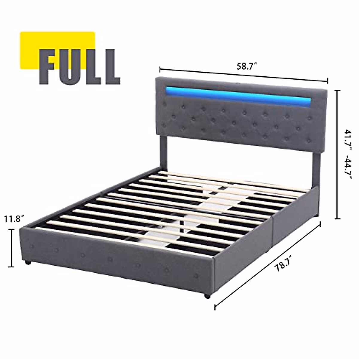 Full LED Bed Frame with Drawers, Upholstered Platform Bed Frame Full Size with Adjustable Button Tufted Headboard and 2 USB Ports, Solid Wooden Slats Support, Dark Grey