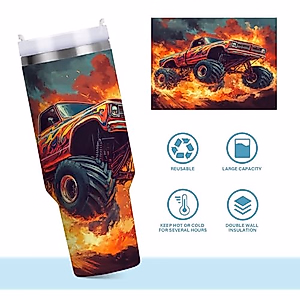 RPLIFE Monster Truck Stainless Steel Mug, Insulated Cup with Straw, Tumbler for Men