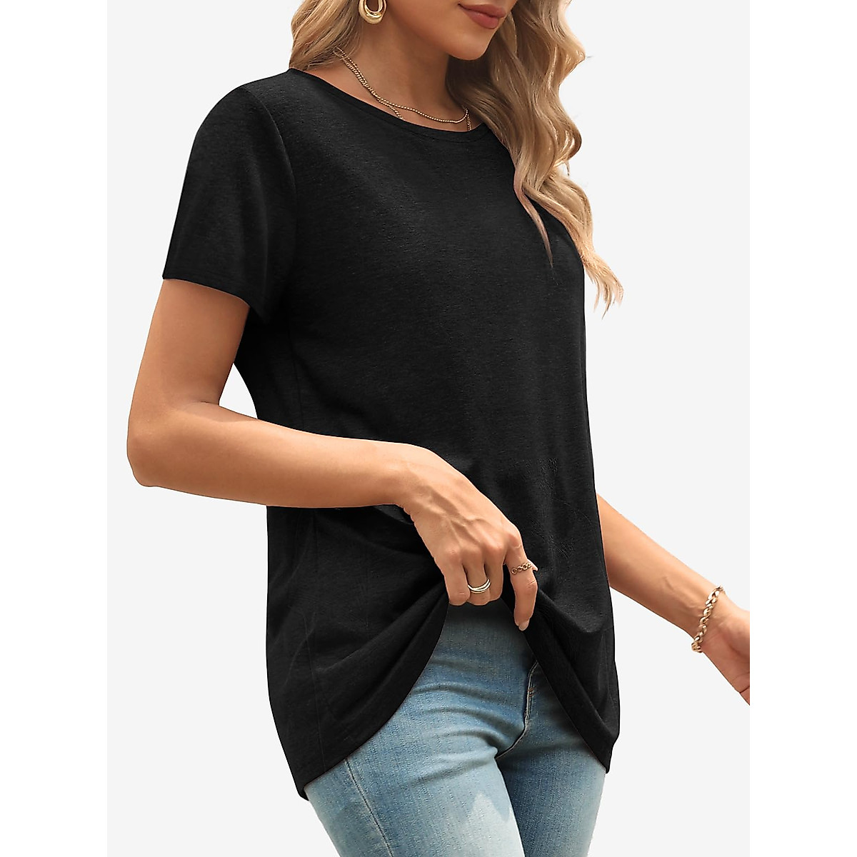 ATHMILE Tshirts Shirts for Womens Short Sleeve Round Neck Shirts Summer Top Fashion Basic Tee Business Casual Black