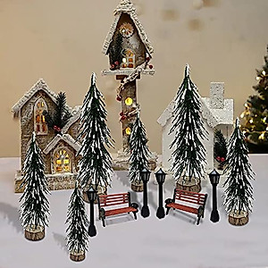 13 Pieces Mini Artificial Christmas Tree Set with Christmas Village Houses 4 Pieces Xmas Street Lamp Post and 2 Pieces Miniature Park Bench Seat for Christmas Table Top Decor