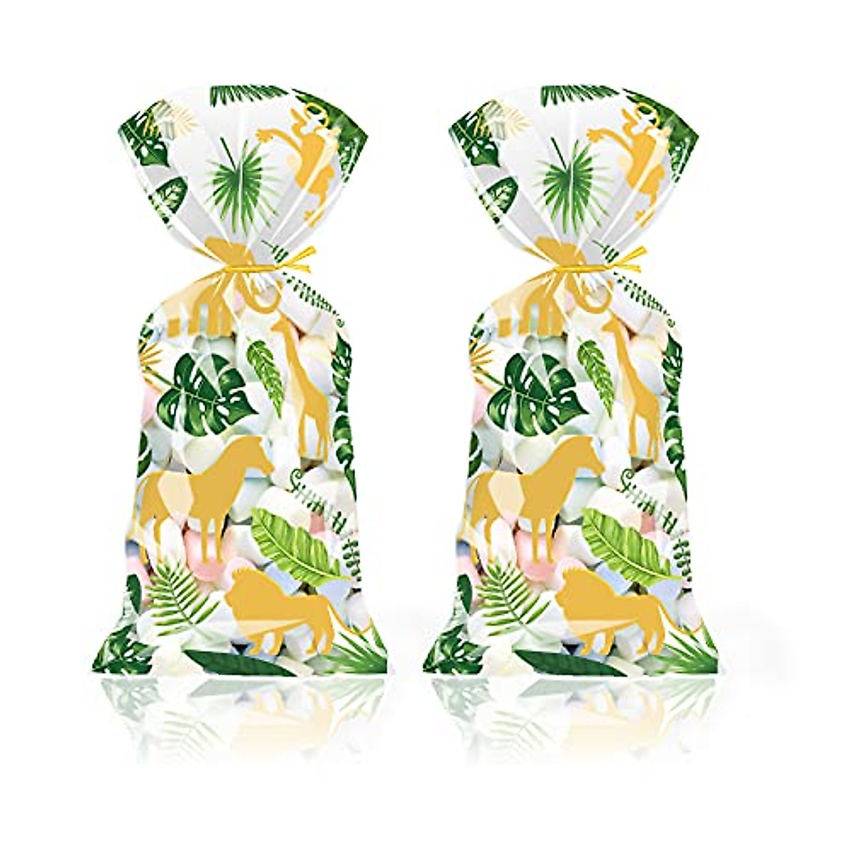 UEMIS 60Pack Jungle Animal Cellophane Treat Bags, Green Gold Safari Animal Palm Leaves Plastic Candy Goodie Bags with Gold Twist Ties for Wedding Wild One Safari Baby Shower Birthday Party Favors (Jungle Animals)