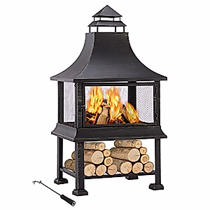 UDPATIO Fire Pit for Outside Chiminea Fireplace Vintage Wood Burning Pits 43.3" High Large Patio Firepit with Wood Storage, 360° View Steel Spark Screen & Poker for Lawn, Garden, Backyard