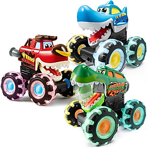 JOYIN 3 Pack Monster Truck Toy - Motion Activated Light-Up Cars for Toddlers - Monster Treads Lightning Wheels - Baby Toy Present - Press & Go Cars for Boys Girls Birthday Gifts Easter Basket Stuffer