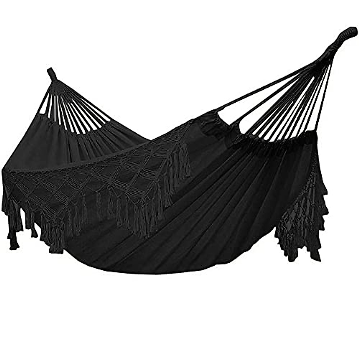 Xuanmuque Double Sized Boho Macrame Black Hammock with Elegant Tassels and Fishtail Knitting 485Lbs Includes Tie Ropes and Black Drawstring Bag for Women