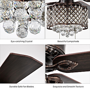 Neatmeat Crystal Ceiling Fans with Lights 52'' Chandelier Ceiling Fan with Pull Chain Control Flush Mount Vintage Bronze Ceiling Fan with 5 Reverse Wood Blades for Bedroom Living Room Dining Room