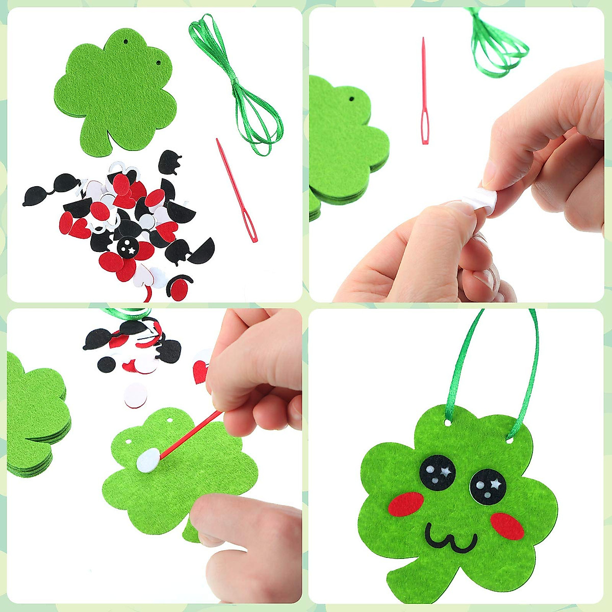 36 Pieces St. Patrick Day Shamrock Ornament Craft Kit, Irish Green Felt Clover Hanging Decoration Wall Hanging Ornament Shamrock Expression for DIY Present Party Favor Classroom School Decor Supplies