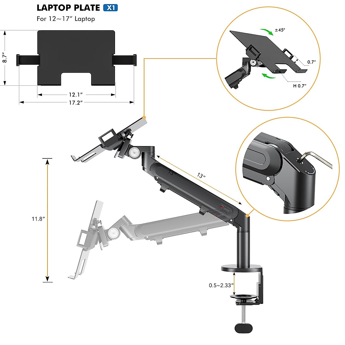 MPK Laptop arm Mount for Desk, Single Gas Spring Laptop Arm Desk Stand/Holder,Extra Laptop Tray Fits 12-17" Laptops/Notebook
