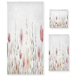 Flradish Pink Flowers Towels 3 Pack Bath Towels for Bathroom Set Soft Cotton Highly Absorbent Lightweight & Quickdry Towel Set 1 Bath Towel,1 Hand Towel,1 Washclothe