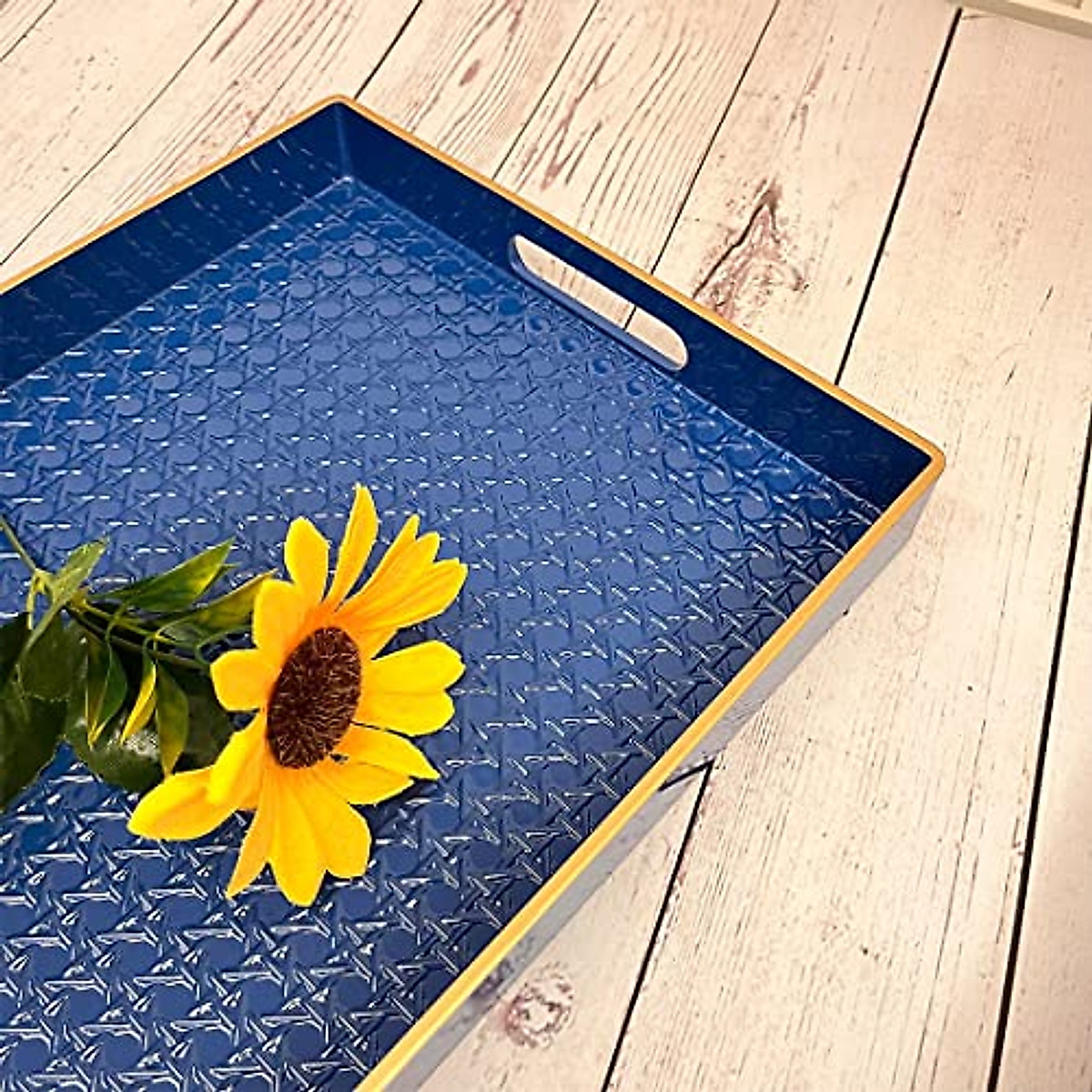 Umisriro Navy Blue Serving Tray with Handles, Plastic Decorative Tray for Ottoman, Coffee Table, Living Room, Kitchen 15.7”x10.2”