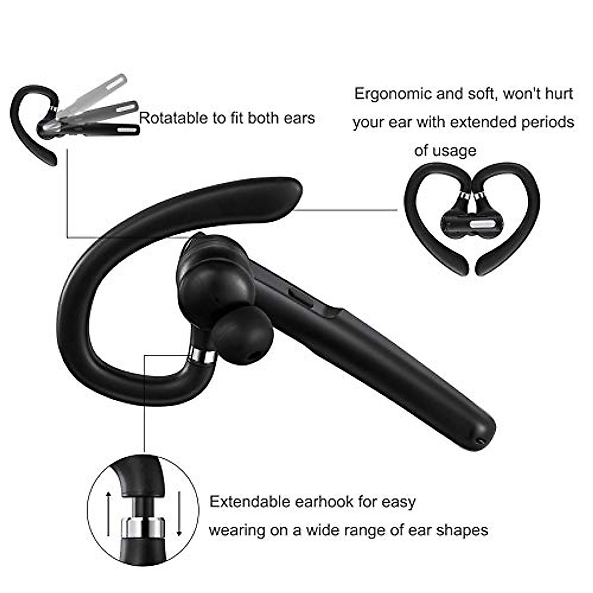ICOMTOFIT Bluetooth Headset, Wireless Bluetooth Earpiece V5.0 8-10 Hours Talktime Stereo Noise Cancelling Mic, Compatible for iPhone Android Cell Phones Driving/Business/Office (Black)