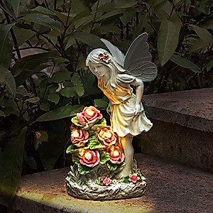 Voveexy Garden Figurines Angel Garden Statue Outdoor Decor, Solar Powered Resin Sculpture with 5 LEDs Art Decoration for Patio Lawn Yard Porch, Ornament Housewarming Garden Gift, 12.8 x 7.5 x 6.1 Inch