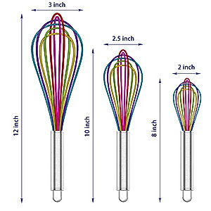 OYV Silicone Whisk,Professional Whisks For Cooking Non Scratch,Stainless Steel & Silicone Wisk,Plastic Rubber Whisk Tool For Nonstick Cookware,Silicon Wisks Set of 3,Rainbow,for Blending,Colorful.