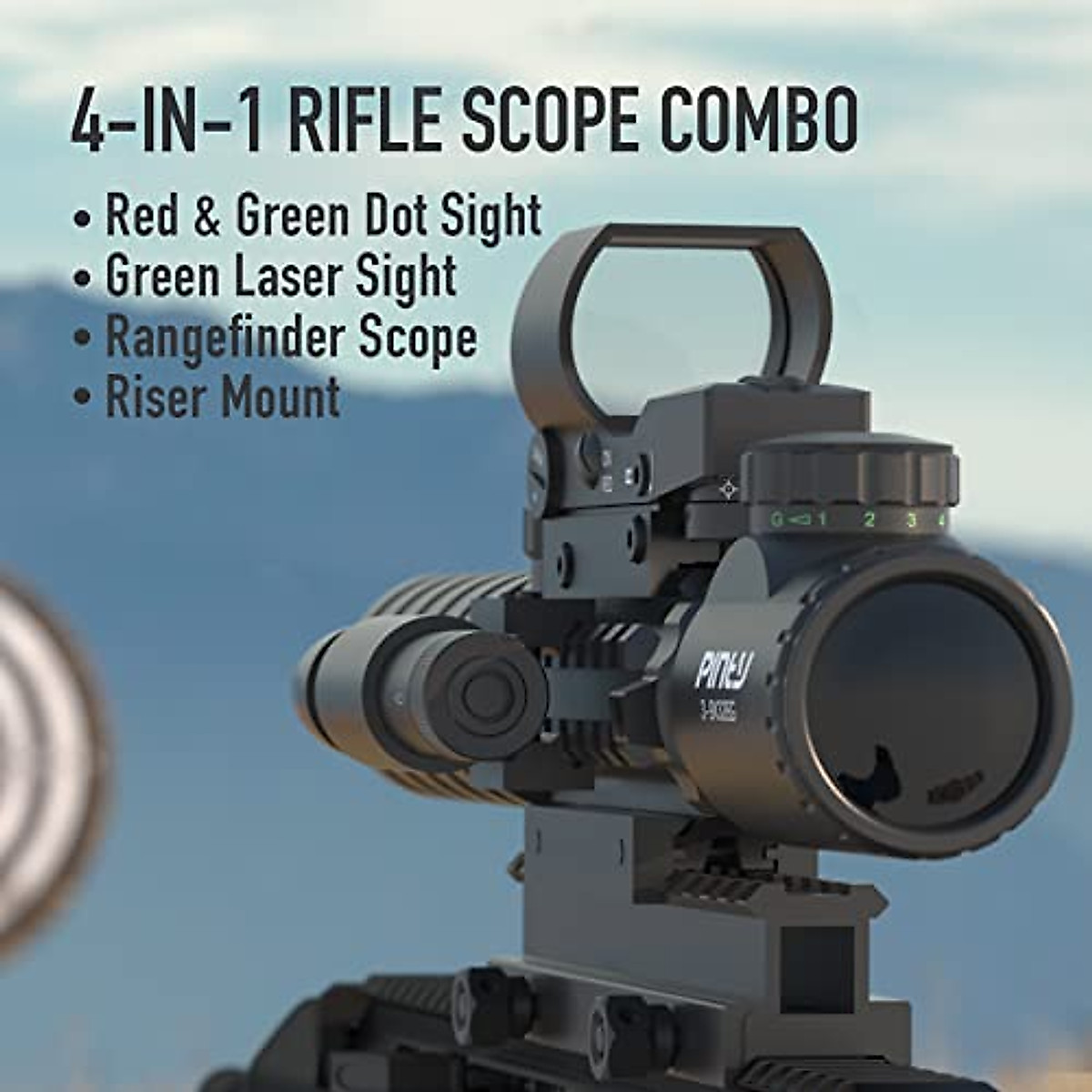 Pinty 4-in-1 Rifle Scope Combo, 3-9x32 Rangefinder Scope, Red & Green Dot Sight, Green Laser, 14 Slots Riser