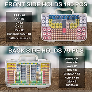Battery Organizer Storage Holder Case with Double-Sided, Garage Box with Tester Checker. Batteries Container for 269pcs AA AAA AAAA 3A 4A 9V C D Lithium 4LR44 CR2 CR123A CR1632 CR2032 18650 - White