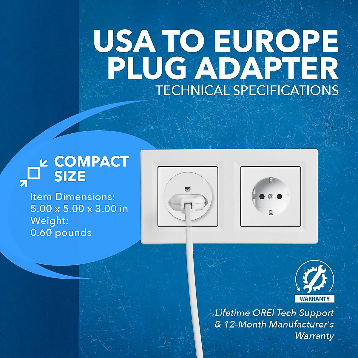 OREI American USA To European plug adapter – Type E/F schuko plug adapter - Use in Germany, France, & more - CE Certified – For Mobile, Laptop & Camera Chargers - 2 Pack