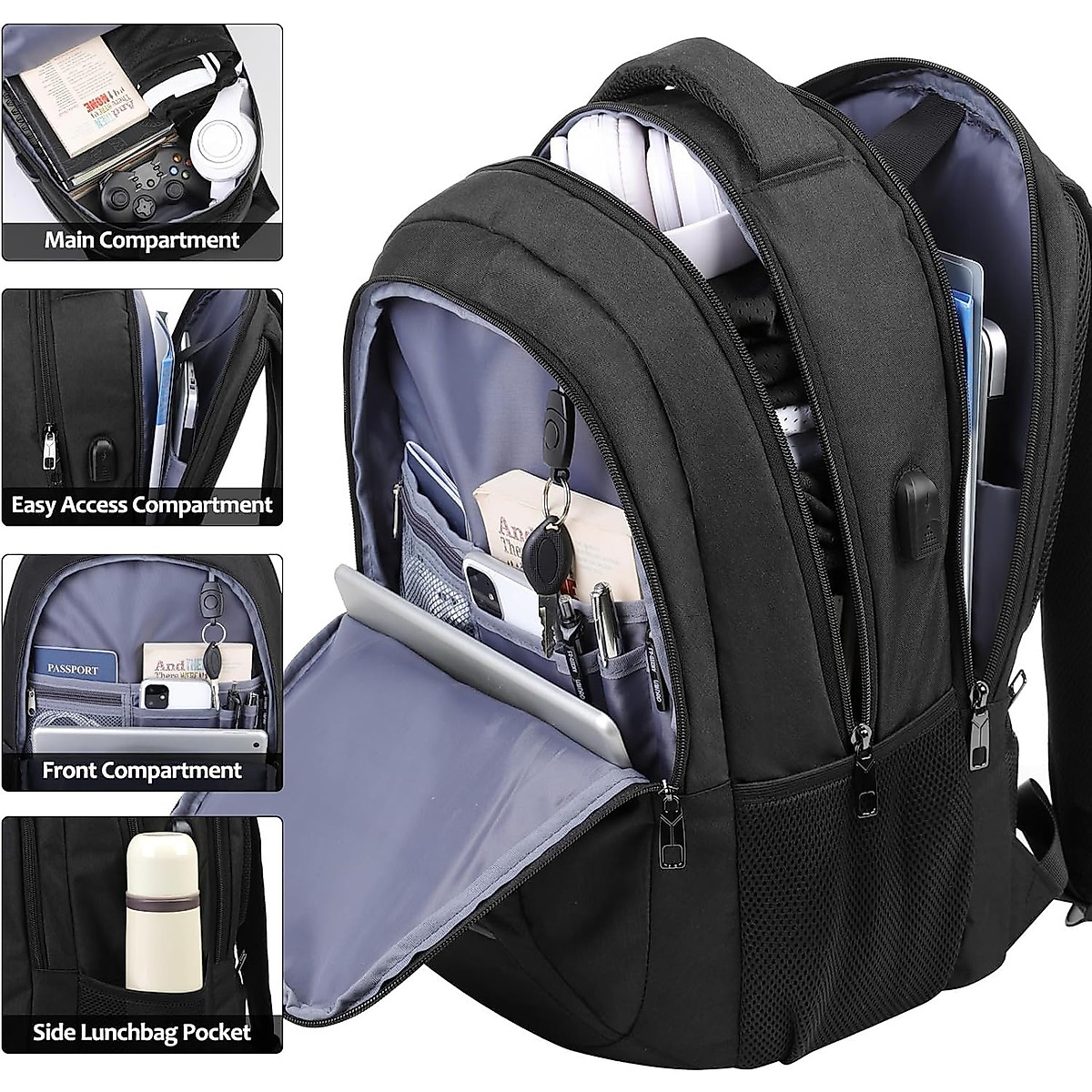 Travel Laptop Backpack for Men, Large School Backpacks for Teens Water Resistant Back Pack with USB Charging Port, Business Anti Theft Durable Computer Bag Gifts for Men Fits 17.3 Inch Laptop, Black