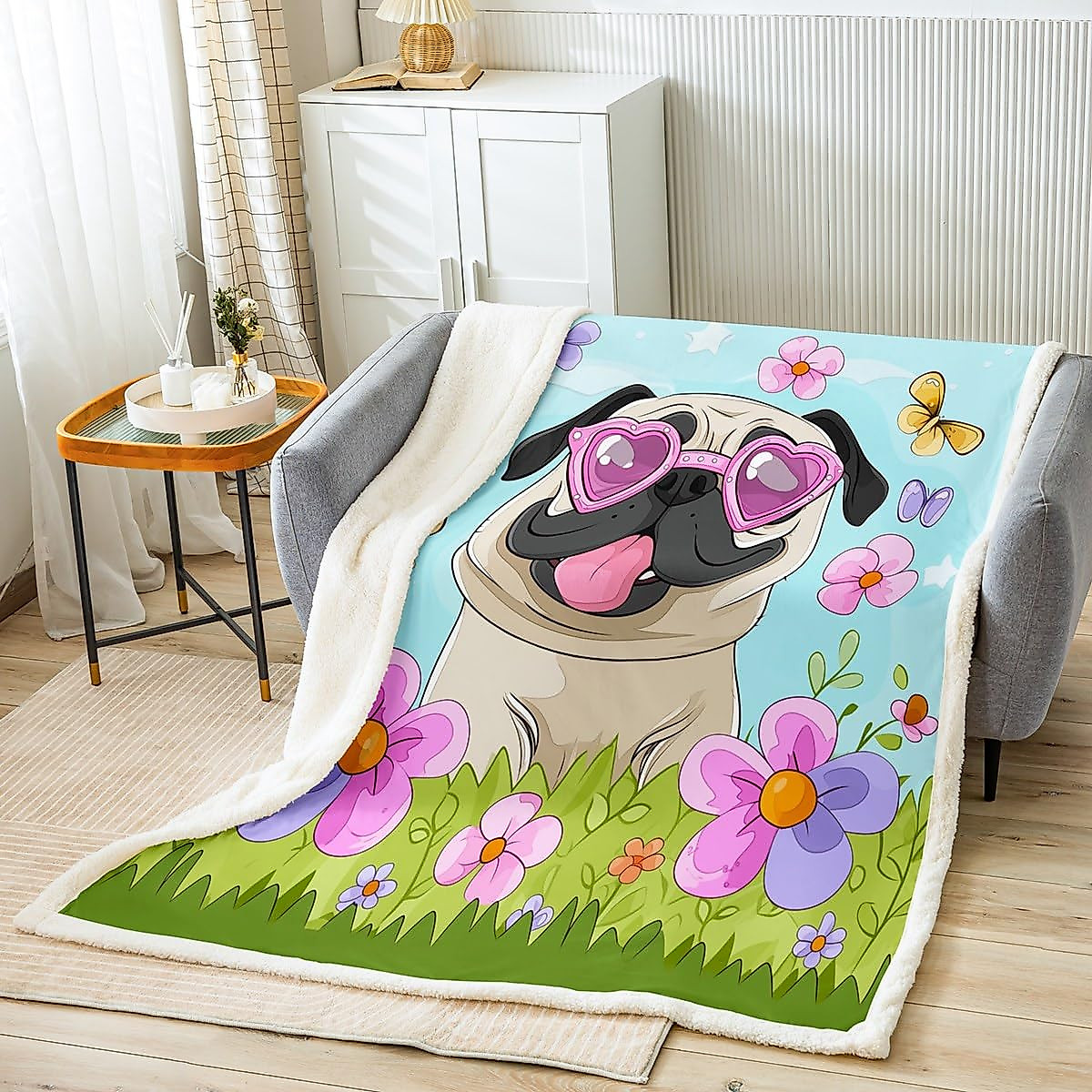 Erosebridal Boy Cartoon Sherpa Blanket Cute Pug Flannel Blanket Kawaii Puppy Plush Blanket Butterfly Pet Fleece Blanket for Kids Girls Purple Floral, Nursery Bed Blankets Throw 50"x60"