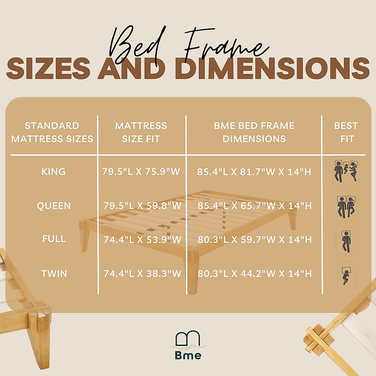 Bme Chalipa 14” Queen Bed Frame - Solid Wood Platform Bed - Japanese Joinery Bed Frame - Wood Slat Support - No Box Spring Needed - Easy Assembly - Minimalist & Modern Style, Natural