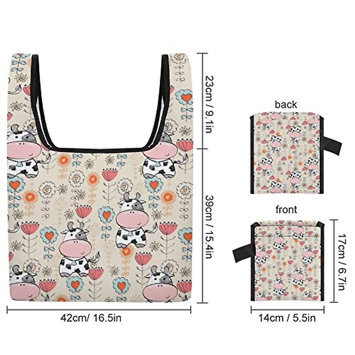 Cow Pattern Printed Reusable Grocery Bag with Handle Foldable Shopping Tote Bags Portable for Supermarket Camping