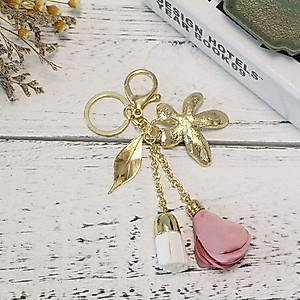 SWJEWEL Flower Keychain Rhinestone Tassel Leaf Key Ring Women Wallet Bag Pendant Charms Gold Pink