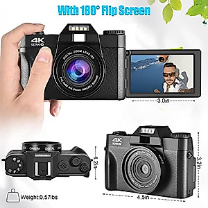 Lierhyt 48MP Digital Camera for Photography,4K Vlogging Camera,Digital Camera for Kids and Adults with 180° Flip Screen,16 X Digital Zoom,Wide-Angle Lens,Macro Lens,32 GB Micro Card,2 Batteries(Black)