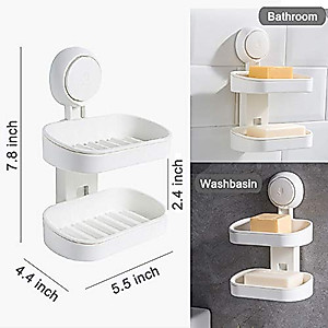 Elebac Double Layer Soap Dished Holder Suction Cup, Soap Bar Holder with Drainage Design for Soap Saver, Wall Mounted Soap Tray for Bathroom Shower, Reusable, Removable, Waterproof, Plastic, White