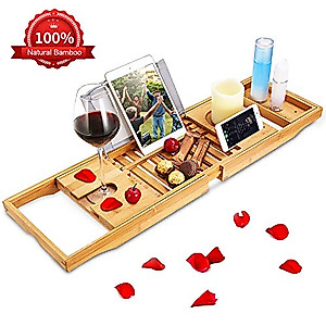 Bathtub Caddy Tray, Bamboo Bath Tray Table Extendable Reading Rack Tablet Phone Holder Wine Glass Holder Shelf Desk Bathroom Spa