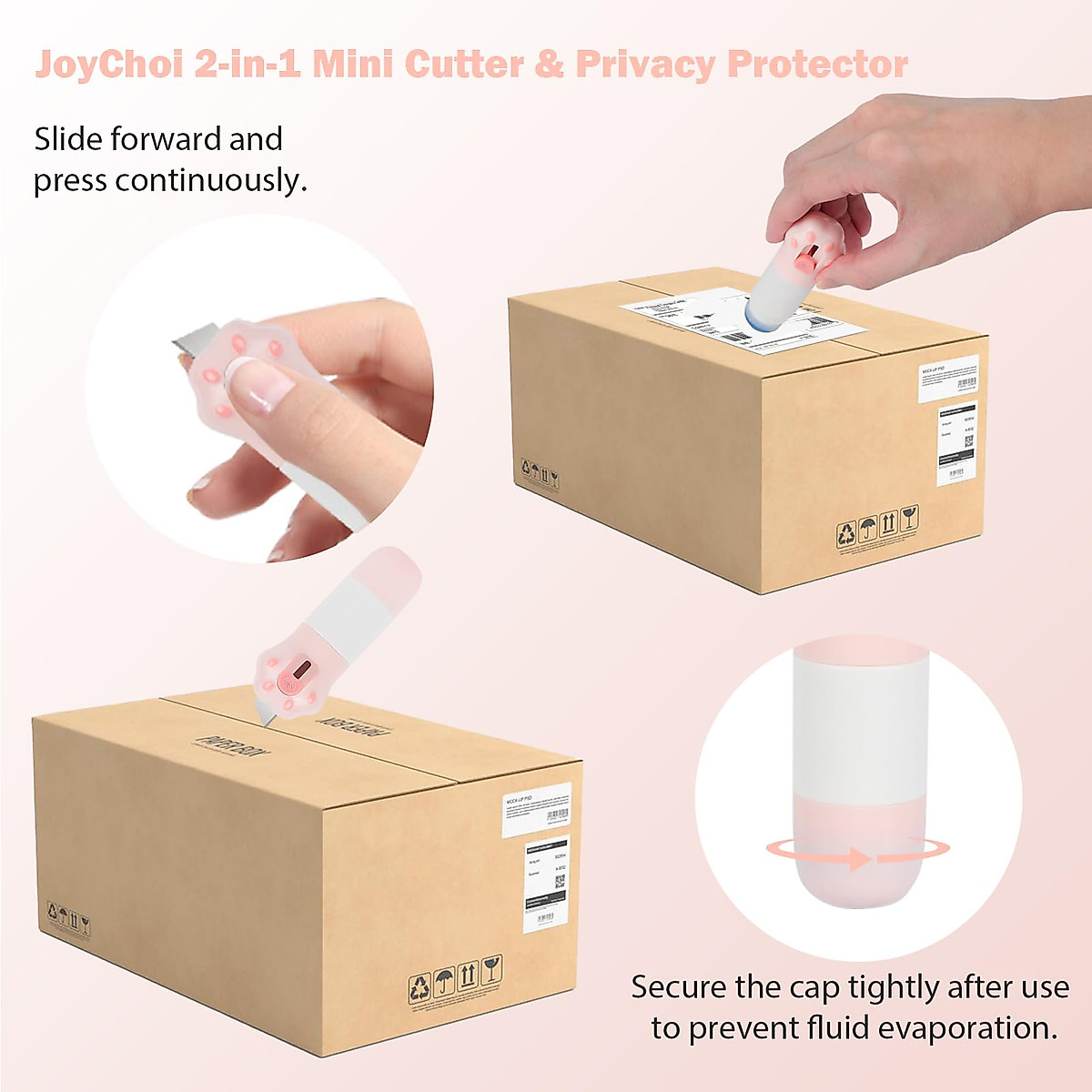 JoyChoi Mini Cute Box Cutter & Identity Theft Protection Roller Stamp - 10ML Thermal Paper Correction Fluid Included - 1 Pack Pink