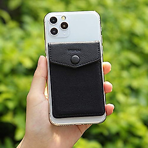 FRIFUN Card Holder for Back of Phone with snap Ultra-Slim Self Adhesive Phone Wallet Stick on Cell Phone Android All Smartphones RFID Blocking Sleeve Covers Credit Cards and Cash (Black)