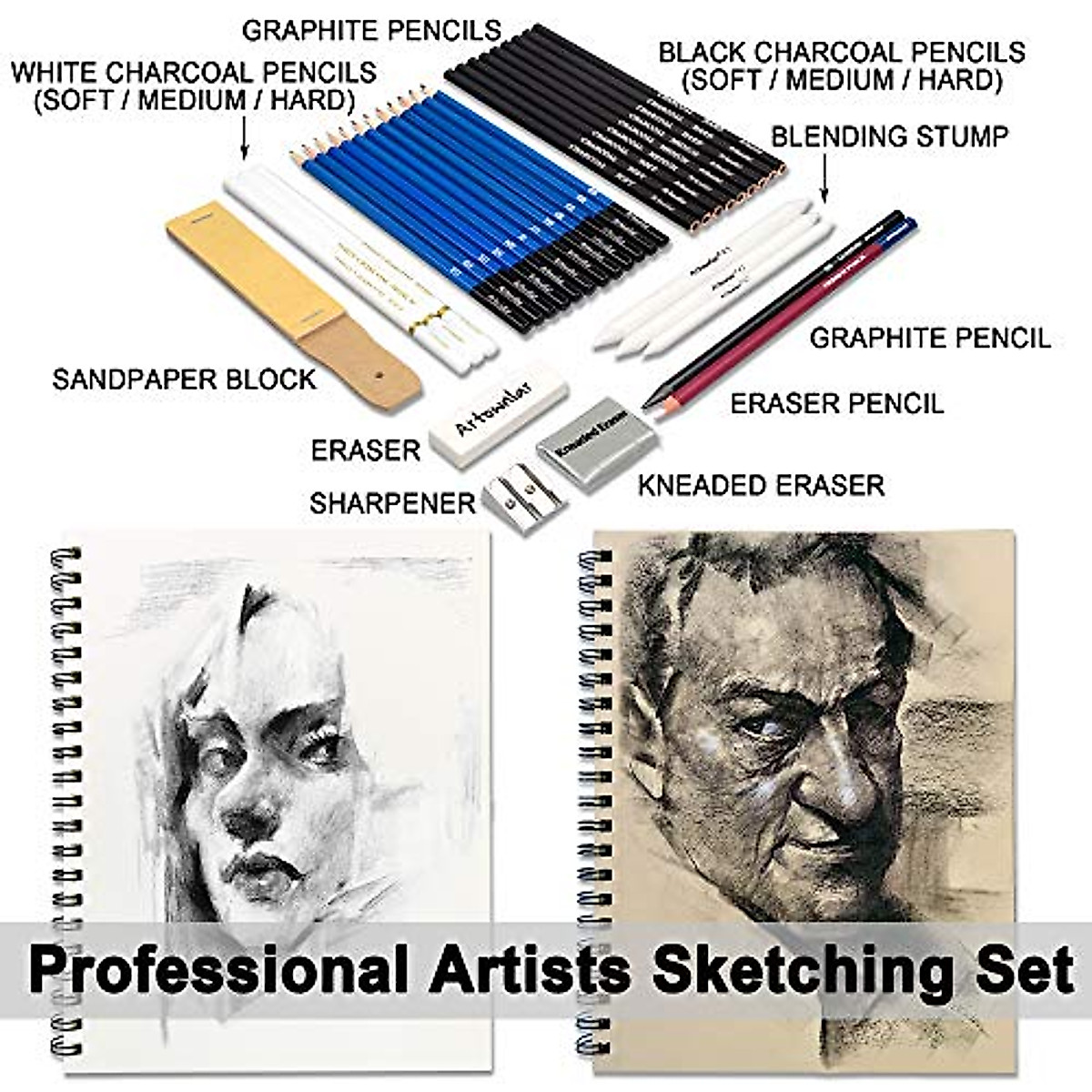 Artownlar 72 Pack Drawing Sketching Set with 8x11 Sketchbook | Pro Art Supplies Kit for Artist Adults Teens Beginners | Video Tutorial,Charcoal, Watercolor & Metallic Colored Pencils in Gift Case