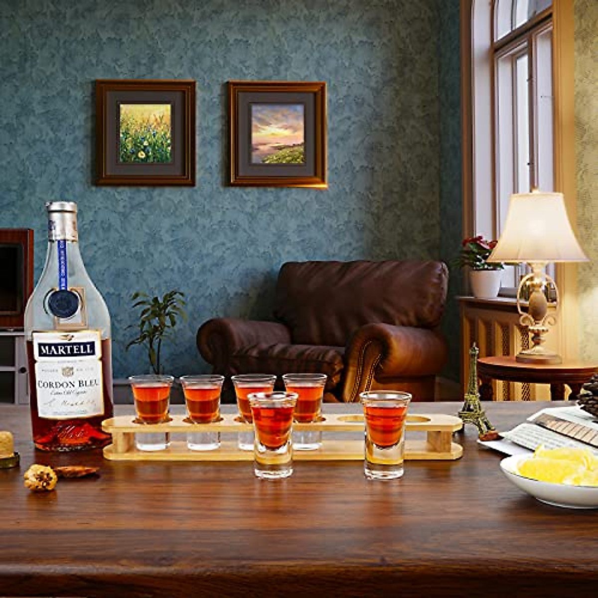 1 oz Shot Glasses with Holder, Shot Glass Set in Bamboo Wooden Shot Tray, D&Z 6 Heavy Base Shot Glasses for Whiskey/Vodka/Tequila/Cocktail/Soju, Shot Serving Tray, Good Helper for Bar/Restaurant/Party