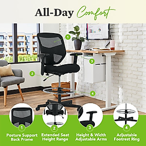 HON Prominent Standing Desk Stool Adjustable Tall Office Chair with Foot Rest, High Back Support, Arms - Standing Desk Chair Ergonomic Office Chair Counter Height Drafting Chair Swivel Rolling Wheels