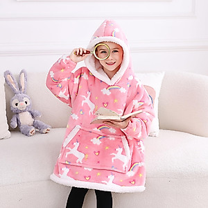 Wearable Blanket Hoodie for Kids, Super Warm and Soft Sherpa Flannel Sweatshirt Blanket with Giant Pocket, Hooded Blanket for 2-6 Year Old Girls Gifts, Pink Unicorn