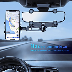 SINSEN Phone Mount for Car Rearview Mirror, Cell Phone Holder with Extra Vent Mounting Clip, 720° Rotatable Retractable Universal Fit, Eye Level Hands-Free GPS