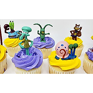Spongebob Squarepants 11 Piece Birthday Cupcake Topper Set Featuring 2" to 3" Cupcake Toppers of Squidward, Sandy Cheeks, Patrick Star, Mr. Krabs, Plankton, Gary and More
