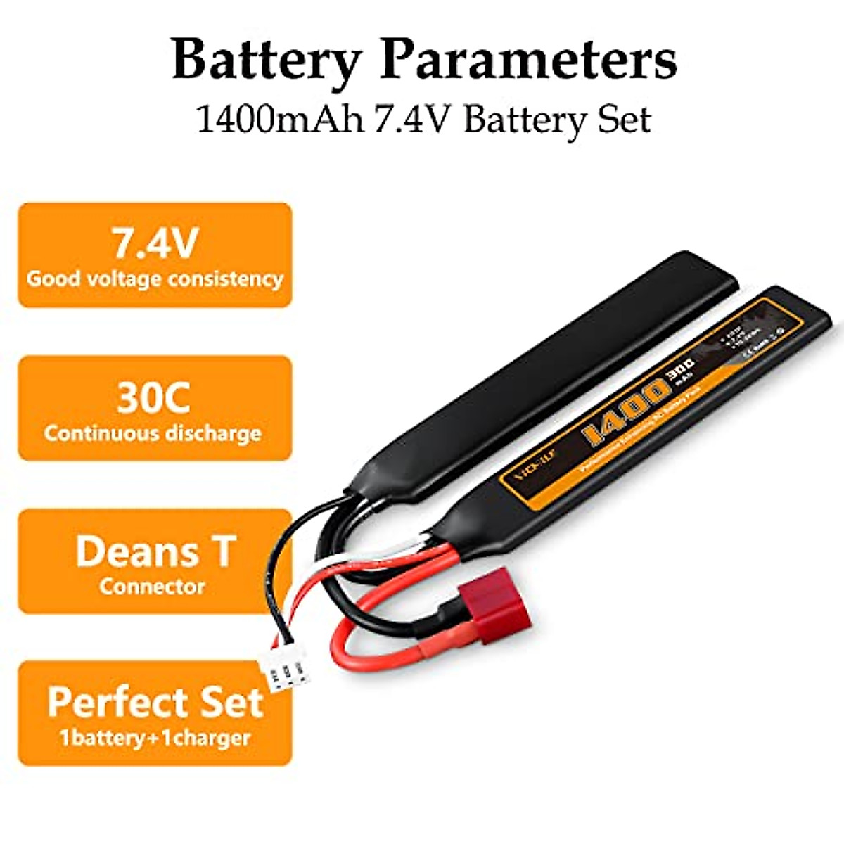 VICMILE 2S Airsoft Battery 7.4V 1400mAh Lipo Battery with Deans T Plug Rechargeable 30C High Discharge Rate Lipo Battery with Charger Fit for Airsoft Model Guns