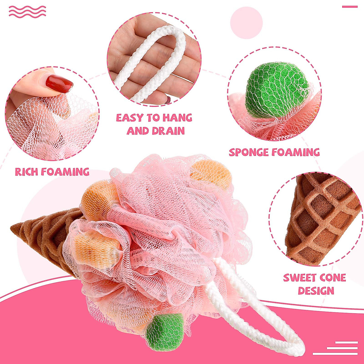 Geiserailie 4 Pieces Kids Loofah Ice Cream Cone Bath Sponge Kids Bath Shower Sponge Body Scrubber Exfoliating Loofah for Spa Shower