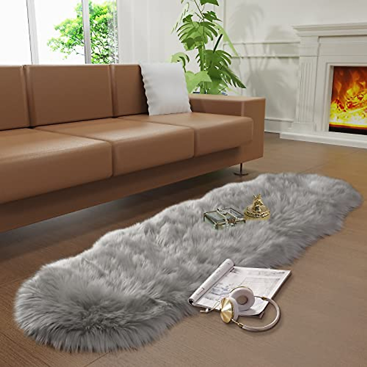 Faux Fur Rug for Bedroom, Gray Fluffy Rug Soft Sheepskin Runner Rug Sofa Couch Seat Cushion, 2x6ft Grey Plush Area Rug Shag Rugs Floor Carpets for Nursery Bedside, Cute Shaggy Fuzzy Home Decor
