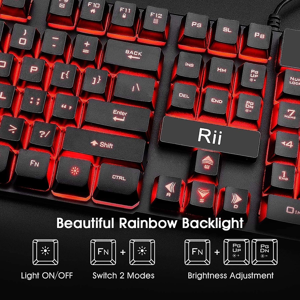 Rii Gaming Keyboard and Mouse Set, 3-LED Backlit Mechanical Feel Business Office Keyboard Colorful Breathing Backlit Gaming Mouse for Working or Primer Gaming,Office Device (RK108)