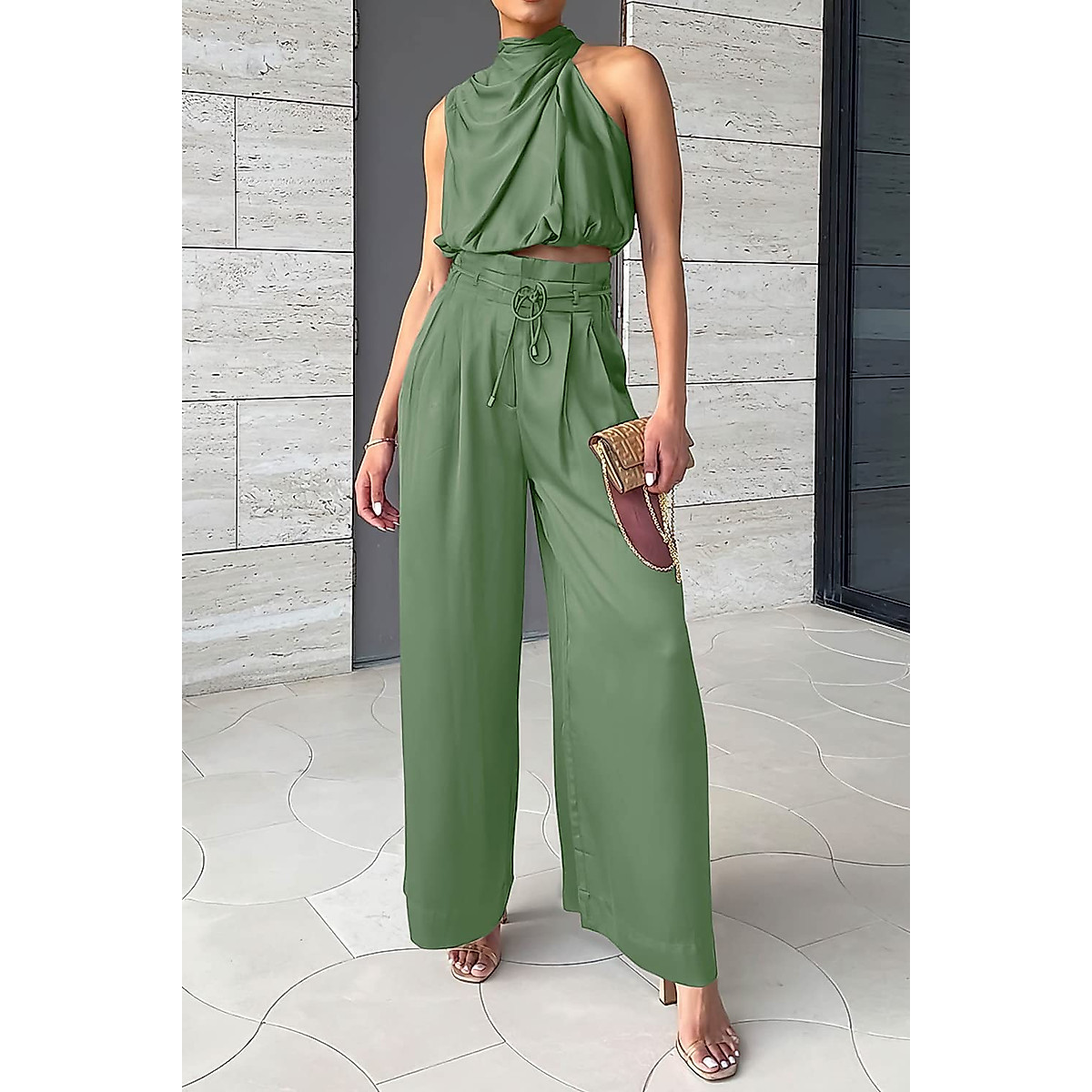 PRETTYGARDEN Women's 2 Piece Outfits 2024 Summer Casual Sleeveless Mock Neck Crop Tops Wide Leg Pants Set (Light Green,Large)
