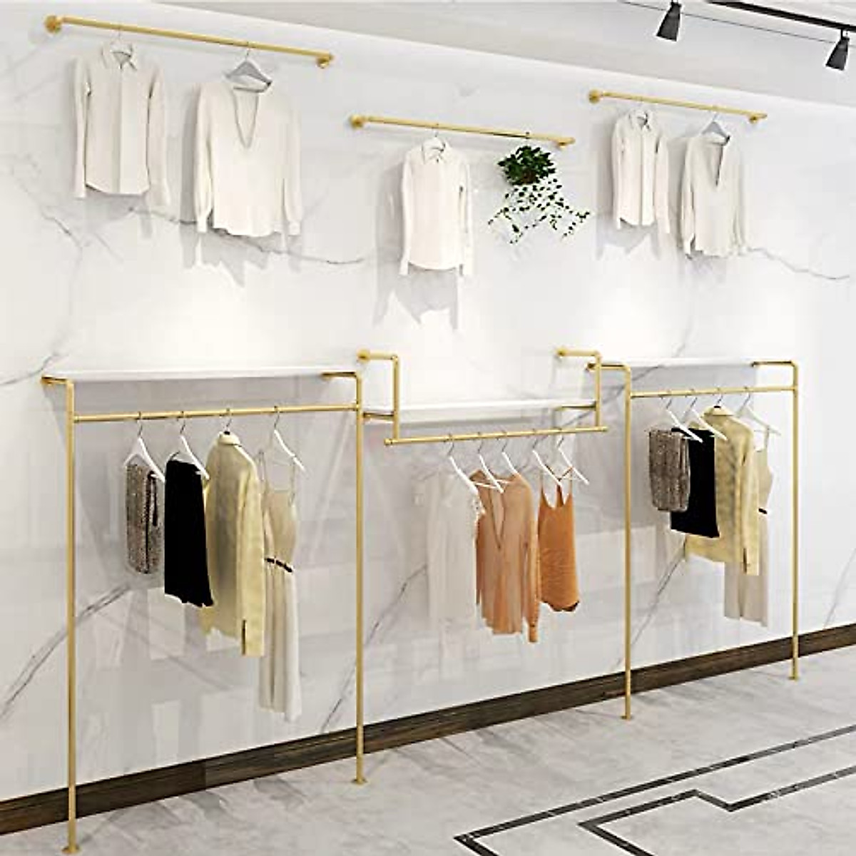 MDEPYCO Modern Simple Industrial Pipe Hanging Rods Clothing Rack,Retail Display Wall Mounted Storage Clothes Hanging Shelf, Wood Garment Rack (Gold, 59" L)
